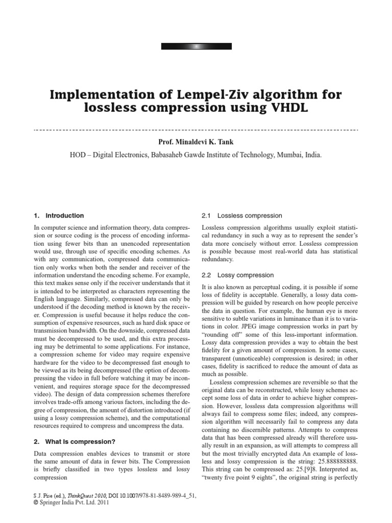 Implementation of Lempel-Ziv Algorithm For Lossless Compression Using VHDL | PDF | Data ...