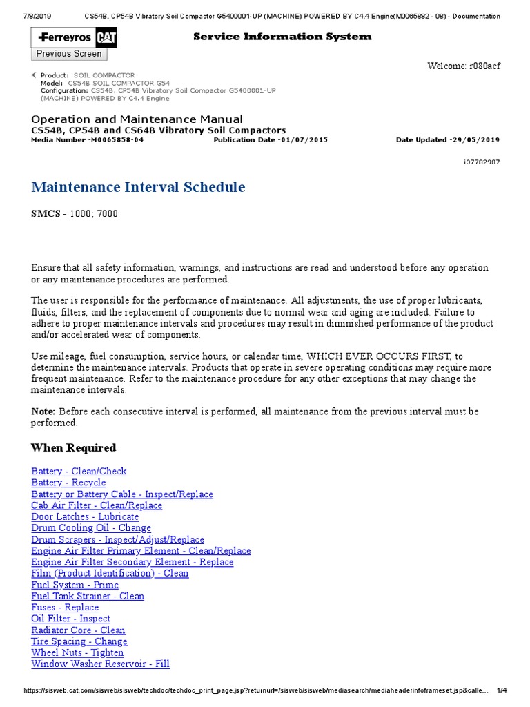 CS54B Vibratory Soil Compactor G5400001-UP (Programa de Mantenimiento) | PDF | Axle | Oil
