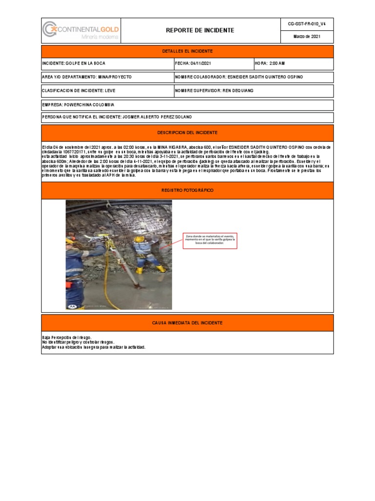 Reporte de incidente por golpe en la boca de un trabajador mientras desatascaba una máquina ...