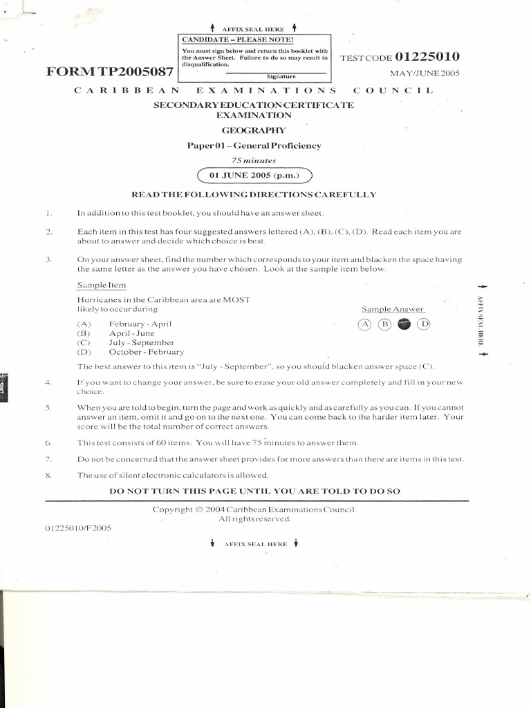 CSEC CXC Geography 2005 Paper 1 | PDF