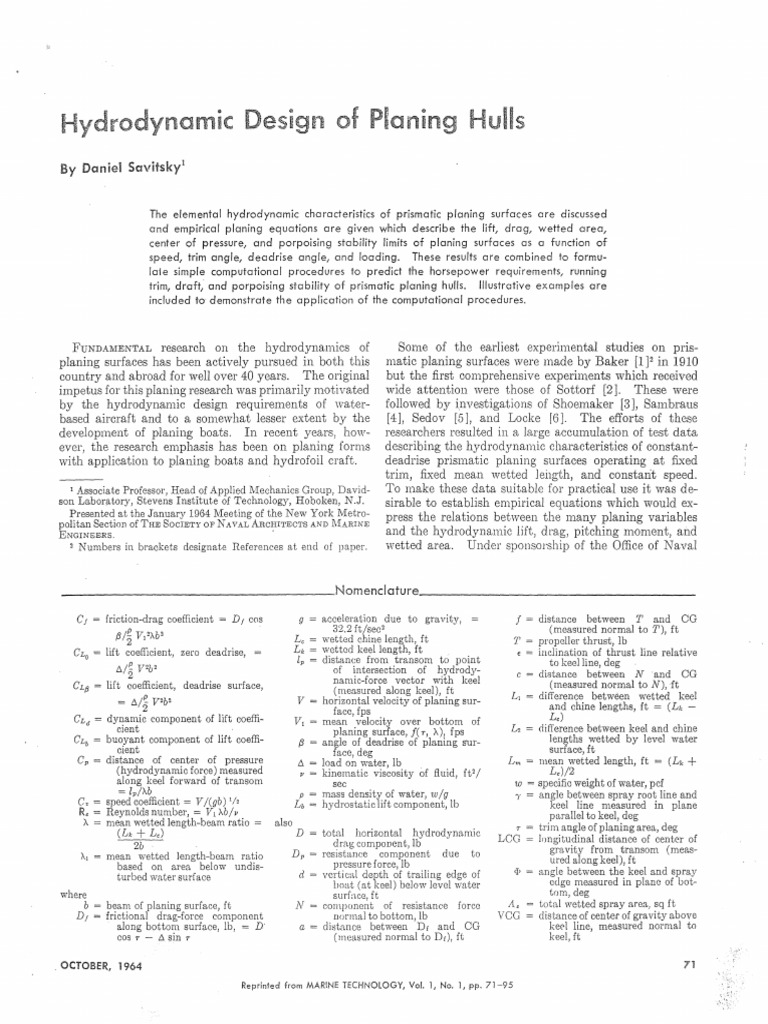 Hydrodynamic Design of Planing Hulls Savitsky | PDF | Lift (Force ...