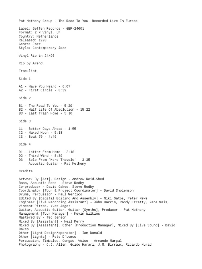 1993 - Pat Metheny Group - The Road To You | PDF | Music Industry | Sound