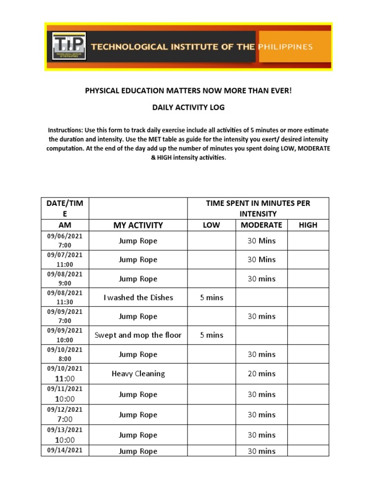 Physical Education Matters Now More Than Ever! Daily Activity Log | PDF ...