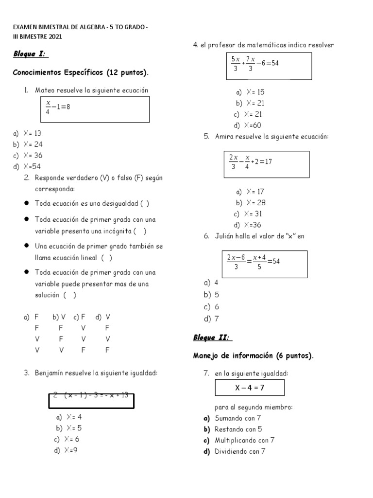 Examen de 5to Grado - Algebra - 4bimetre | PDF | Ecuaciones | Conceptos ...