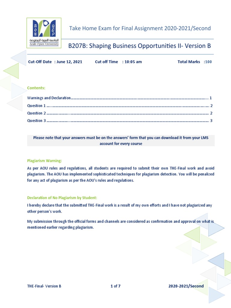B207B: Shaping Business Opportunities II-Version B: Take Home Exam For ...