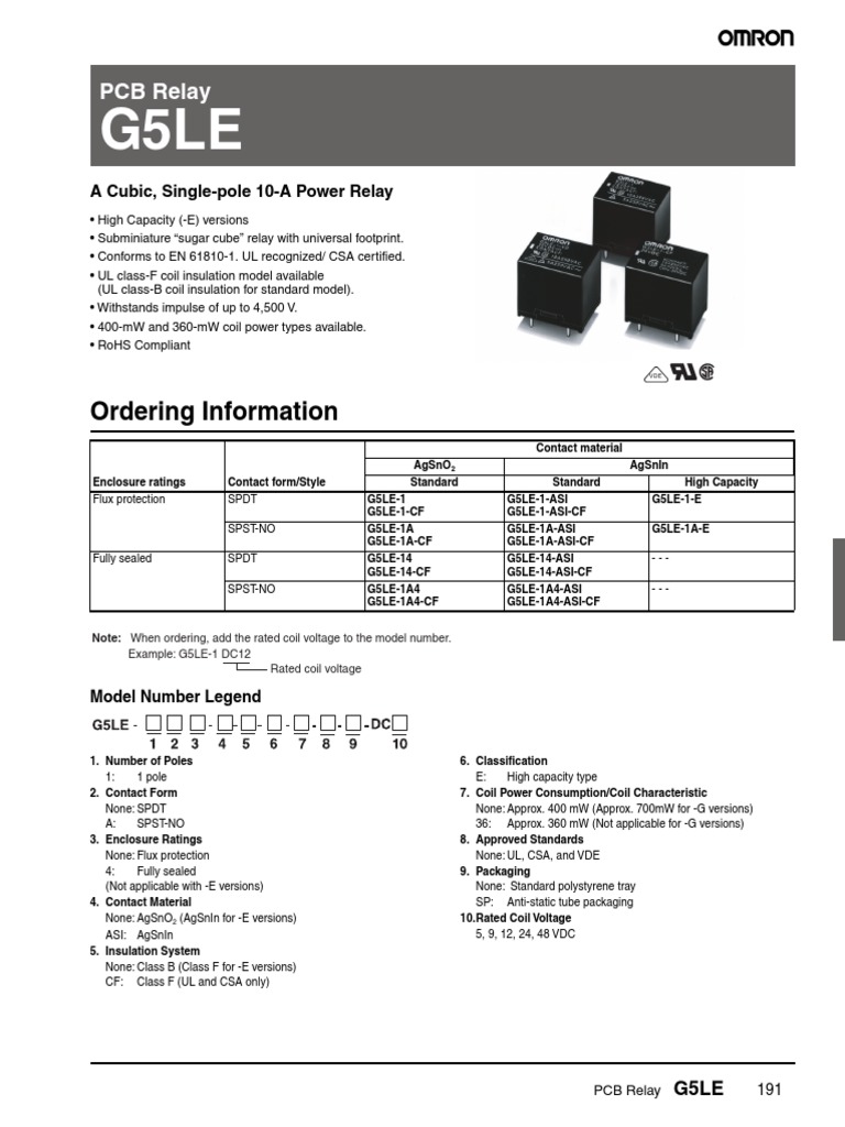 PCB Relay G5LE Specifications | PDF | Relay | Insulator (Electricity)