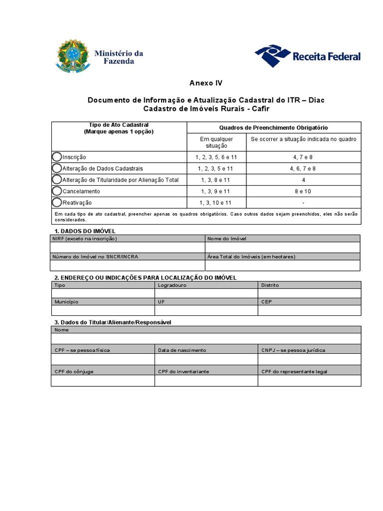 CAFIR - DIAC - Pedido de Inscrição Ou Atualização Do CAFIR | PDF ...