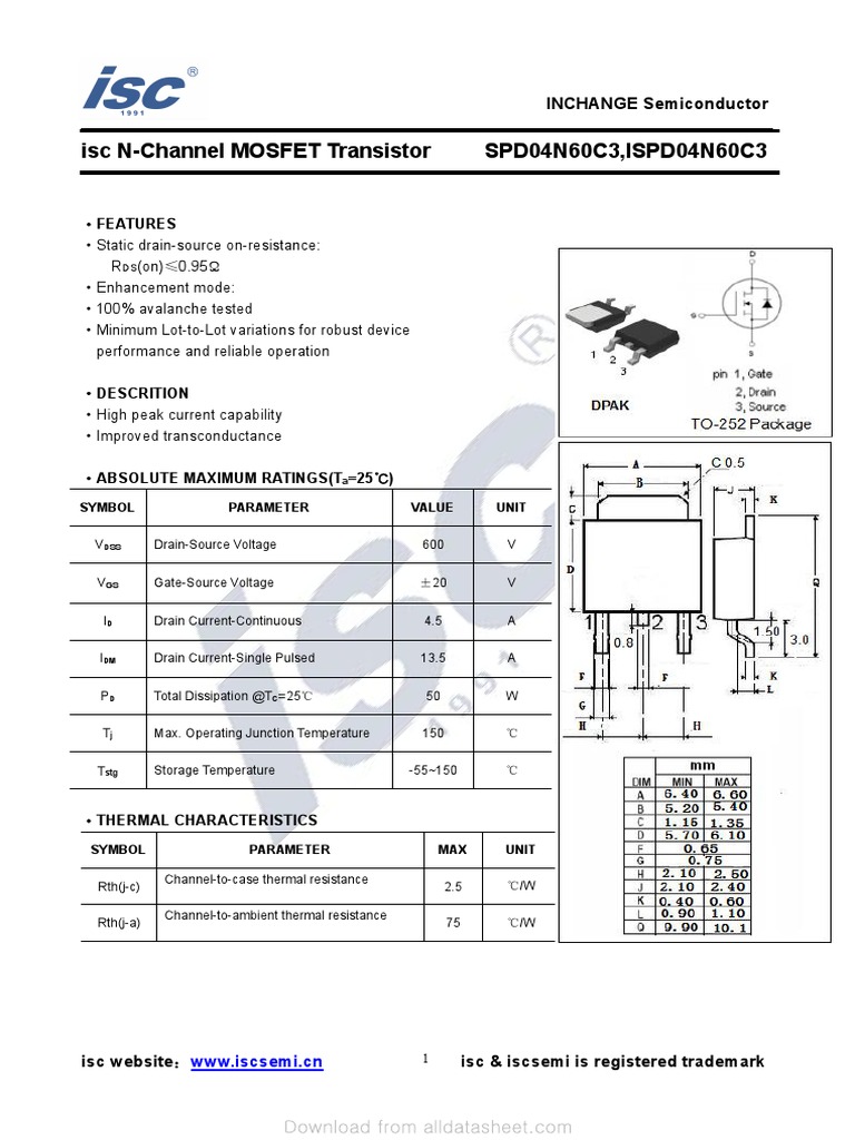 Isc N-Channel MOSFET Transistor SPD04N60C3, ISPD04N60C3: INCHANGE Semiconductor | PDF | Field ...