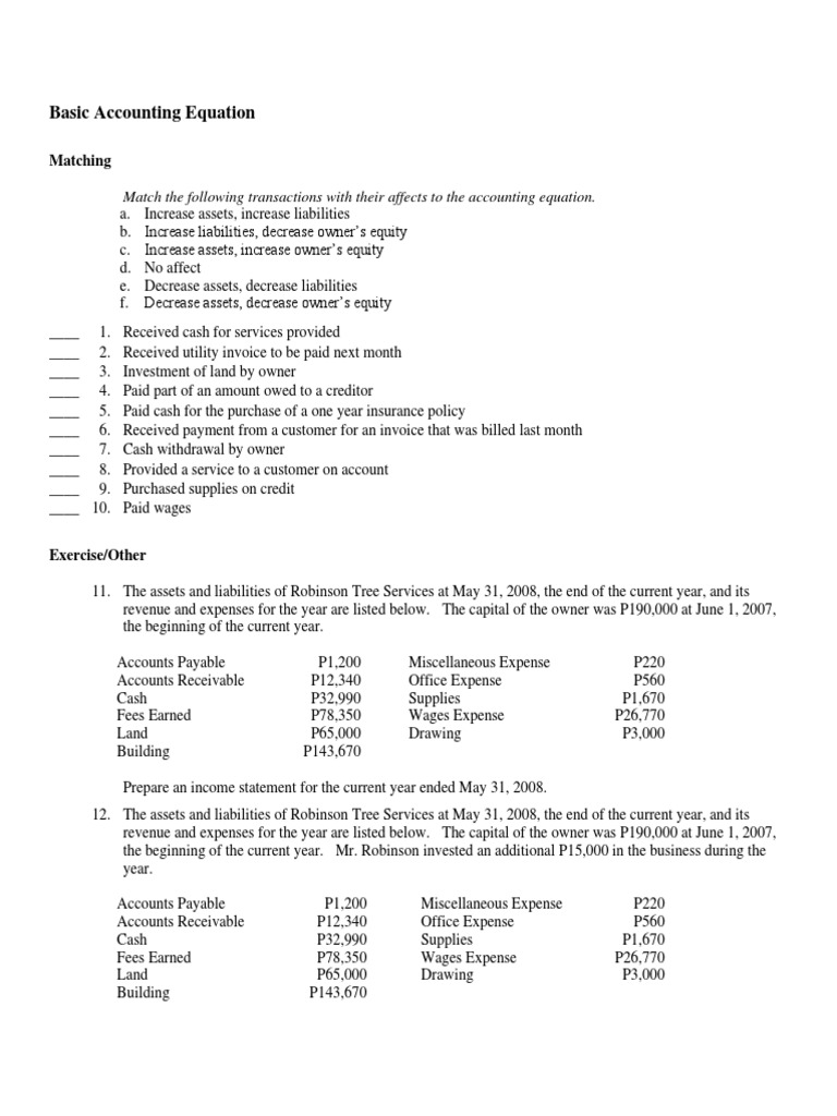 Basic Accounting Equation Exercises PDF Expense Equity Finance 