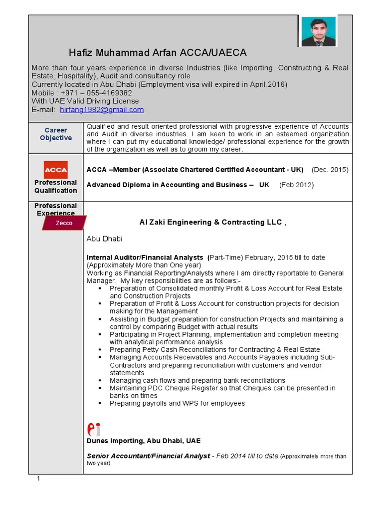 Hafiz Muhammad Arfan ACCA/UAECA: Career Objective | Download Free PDF ...