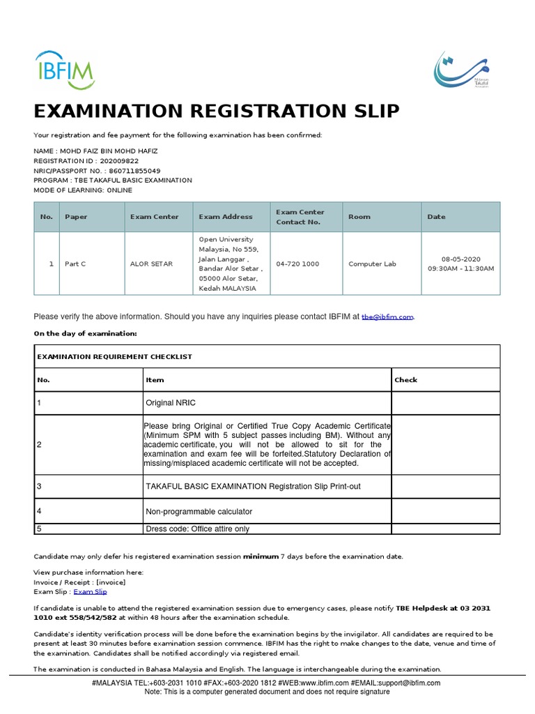 Examination Registration Slip: No. Paper Exam Center Exam Address Exam ...