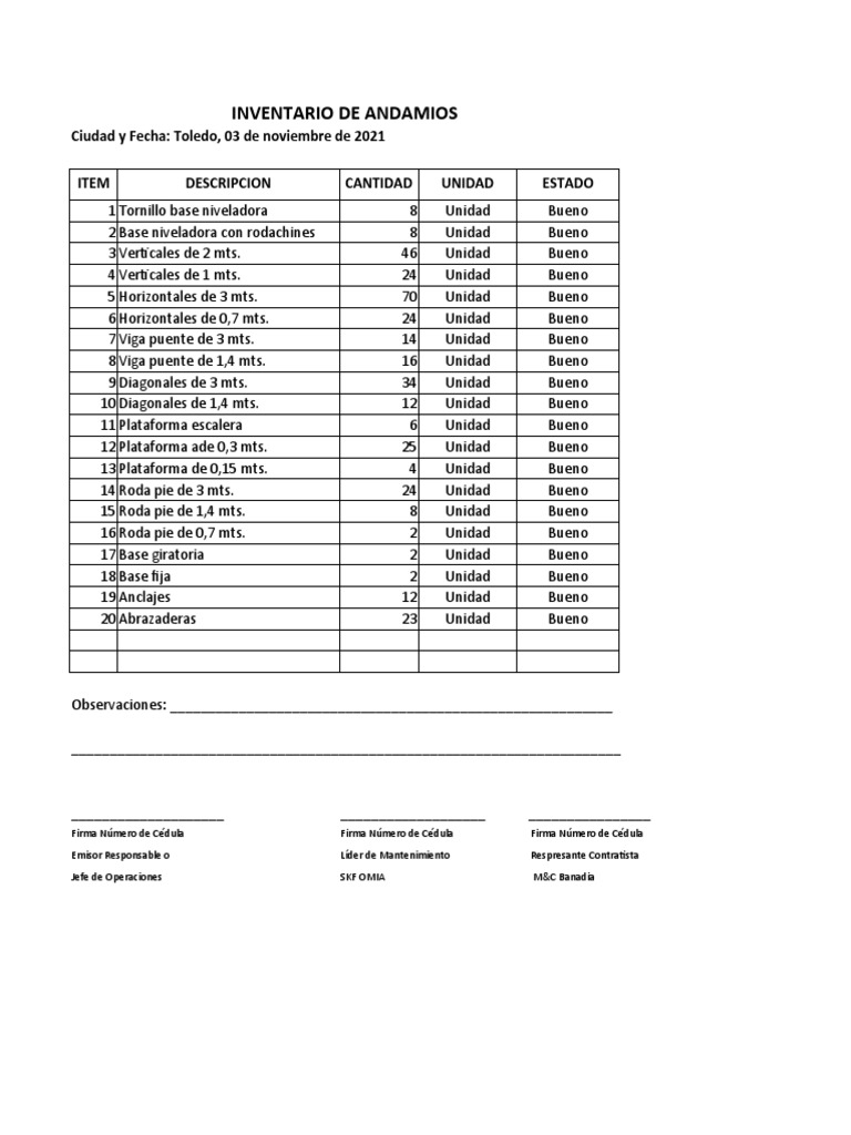 Inventario Andamios | PDF