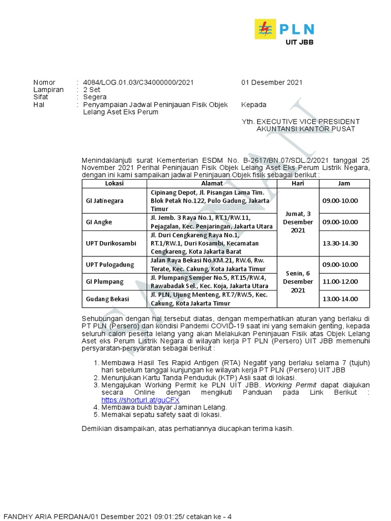 Penyampaian Jadwal Peninjauan Fisik Objek Lelang Eks Perum | PDF