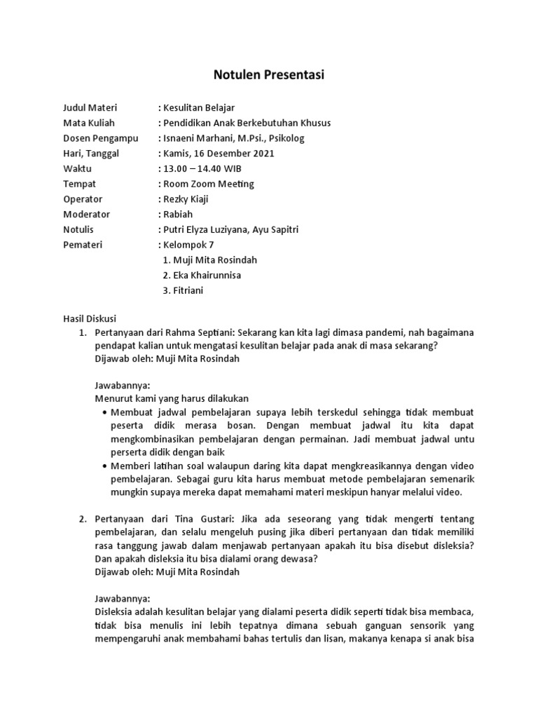 Notulen Presentasi K.7 Kesulitan Belajar | PDF