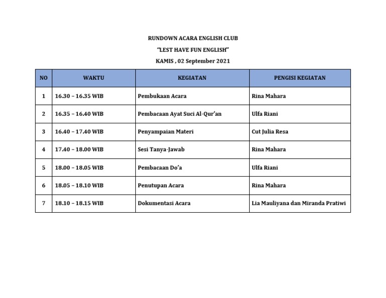 Rundown Acara English Club Fix | PDF | Seni