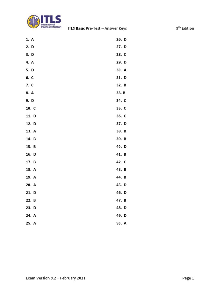 ITLS Basic Pre-Test Answer Key 9th Ed. | PDF | Traumatic Brain Injury ...