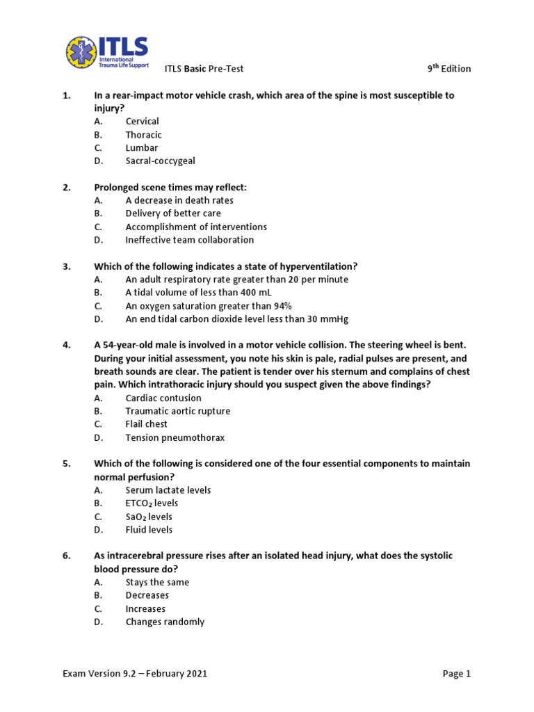 ITLS 9e Basic Pre-Test - Version 9.2 | PDF | Shock (Circulatory) | Thorax