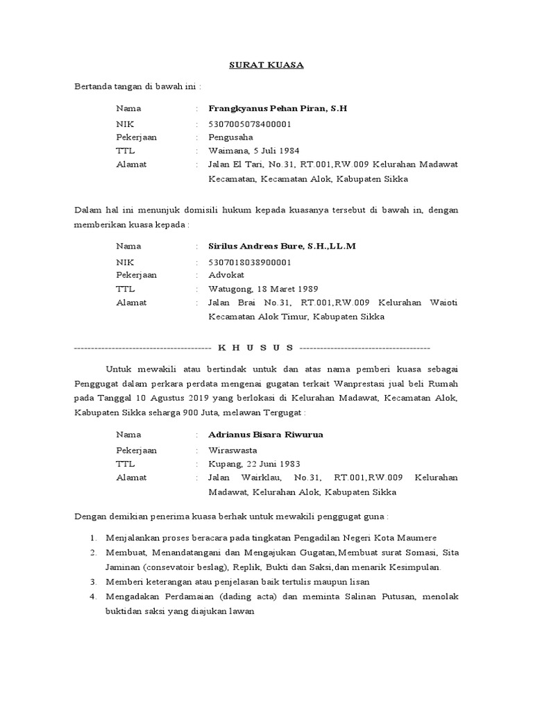 Surat Kuasa Kasus Perdata | PDF