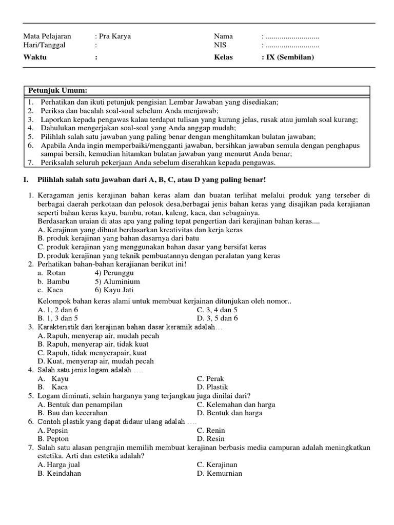 Soal Pas Prakarya Kelas Ix 2021 | PDF