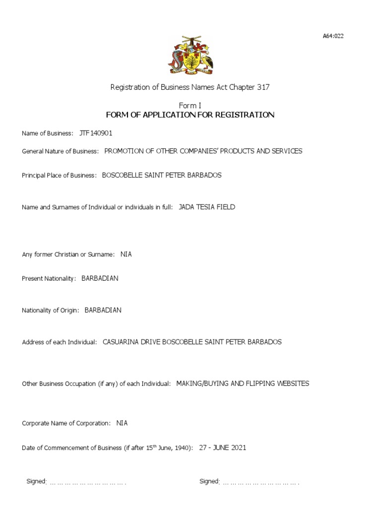 Precedent Companies Business Name Registration Form | PDF