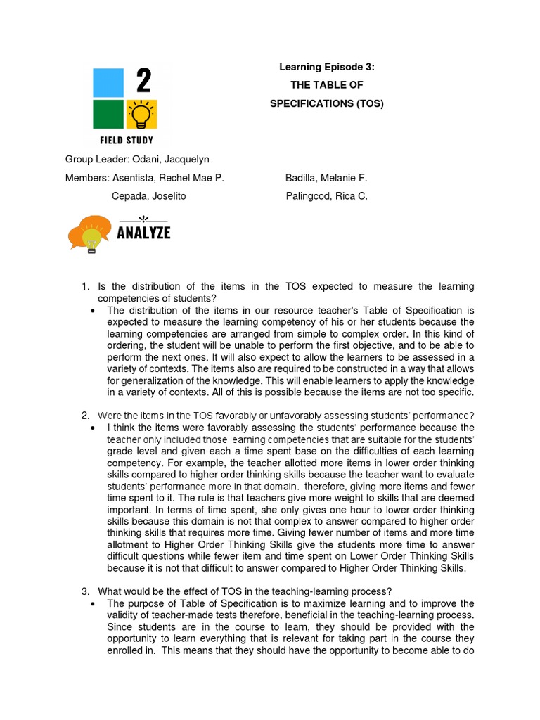 Understanding Table of Specifications (TOS) | PDF | Teachers ...