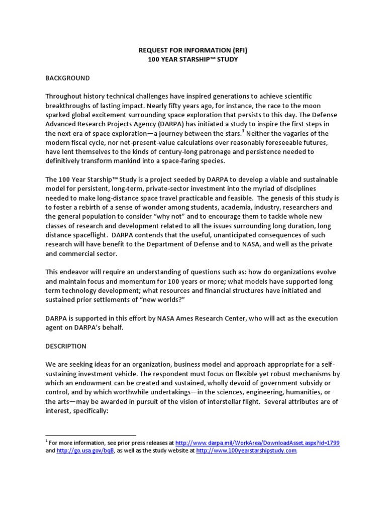 RFI - 100 Year Starship Study | PDF