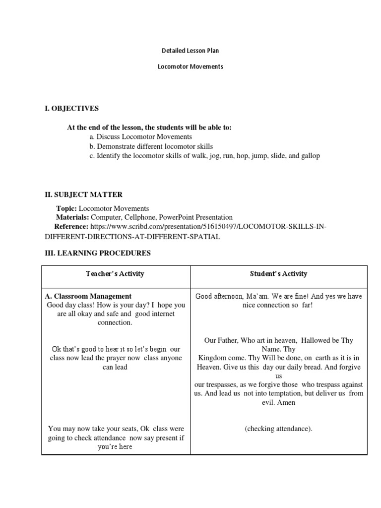 Locomotor Movements Lesson Plan | PDF | Animal Locomotion | Foot