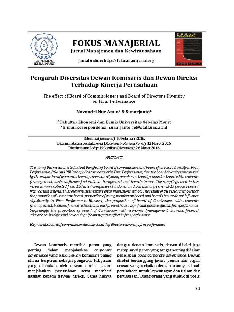 Fokus Manajerial: Pengaruh Diversitas Dewan Komisaris Dan Dewan Direksi Terhadap Kinerja ...
