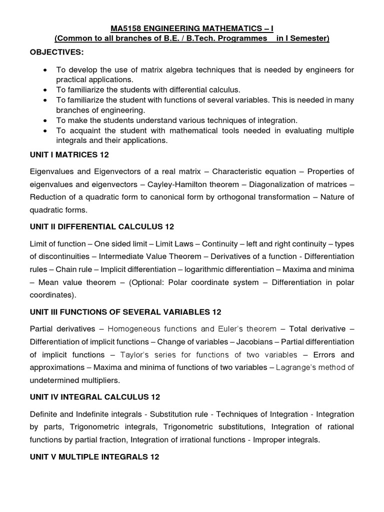 MA5158 ENGINEERING MATHEMATICS Syllabus | PDF | Derivative | Integral