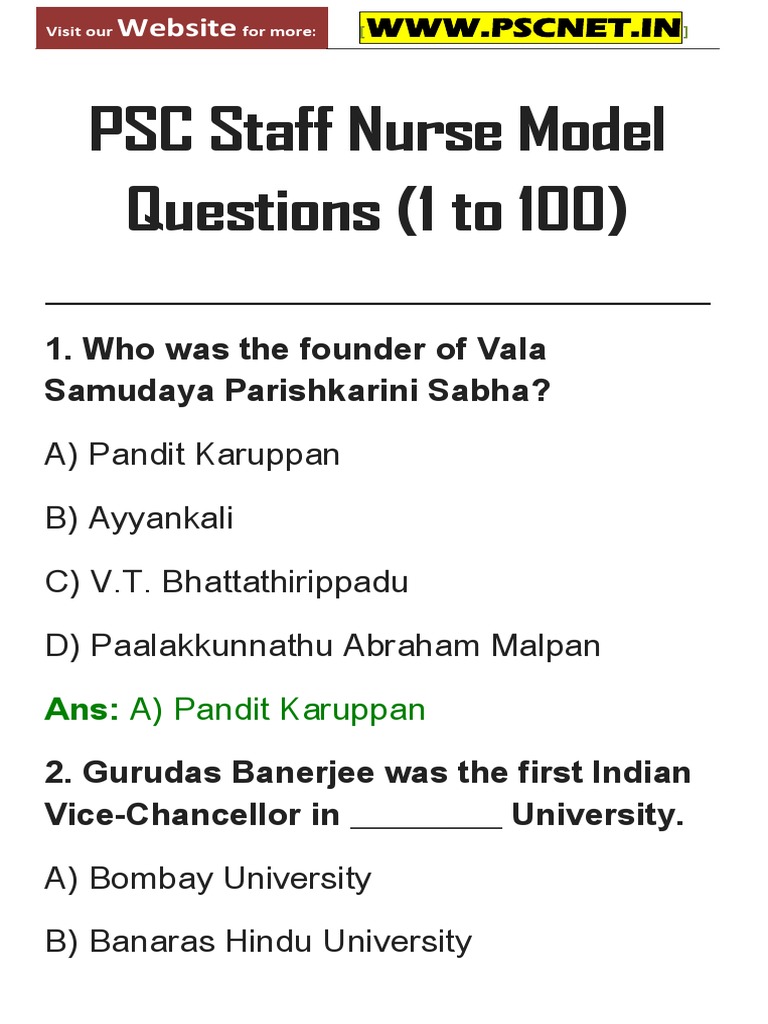 WWW - Pscnet.in Kerala PSC Staff Nurse Previous Questions 1 | PDF