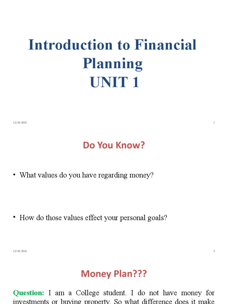 Introduction To Financial Planning Unit 1 | PDF | Prices | Interest