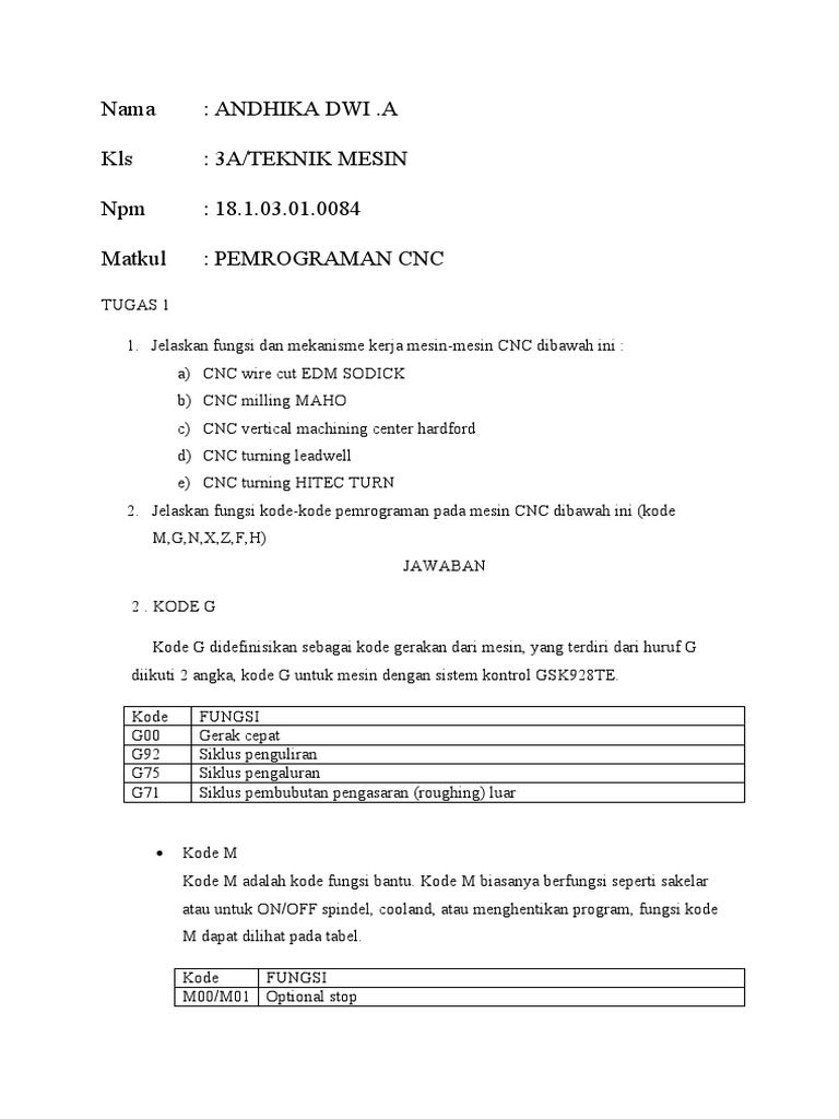 Tugas 1 Pemrograman CNC | PDF