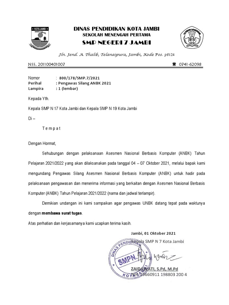 Surat Undangan Pengawas Silang ANBK 2021 | PDF