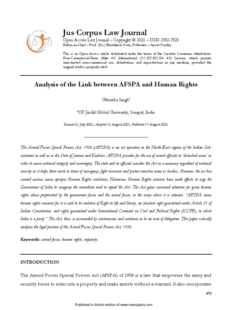 Jus Corpus Law Journal: Analysis of The Link Between AFSPA and Human ...