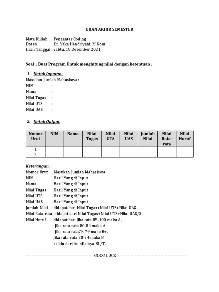 Uas Pengantar Coding-Jul Des 2021 | PDF