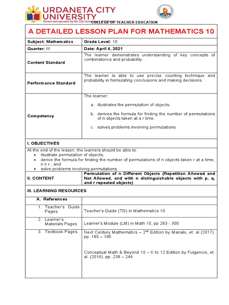 A Detailed Lesson Plan For Mathematics 10: College of Teacher Education ...