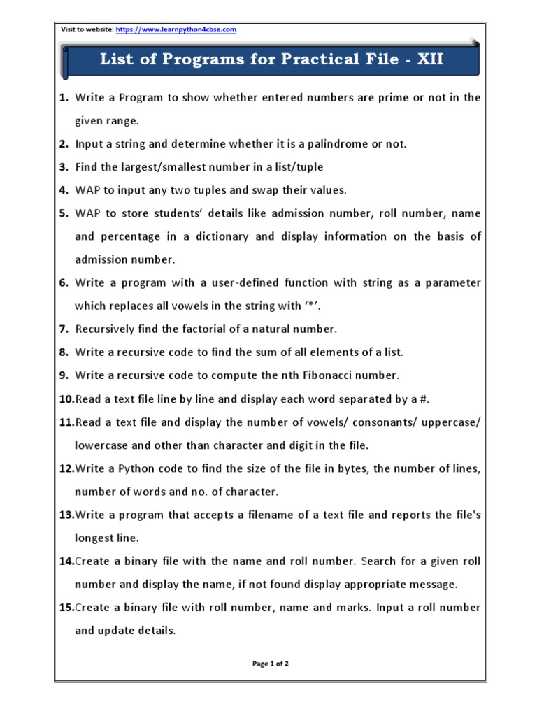 List of Programs For Practical File - XII: Visit To Website | PDF | Computer File | String ...