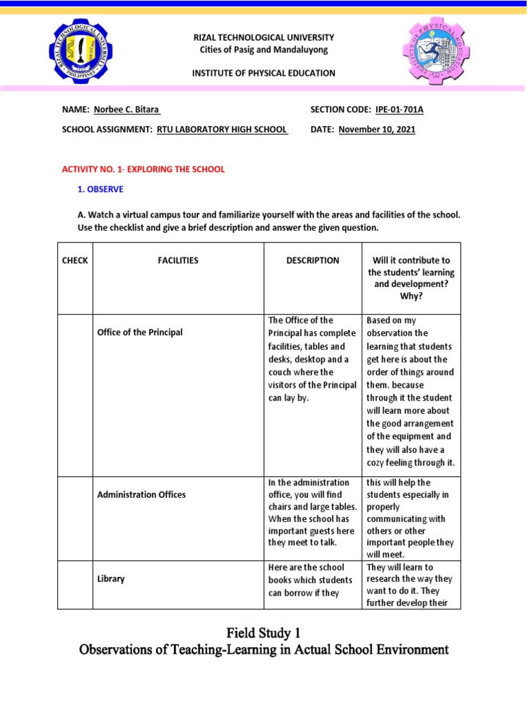 Field Study 1 Observations of Teaching-Learning in Actual School ...