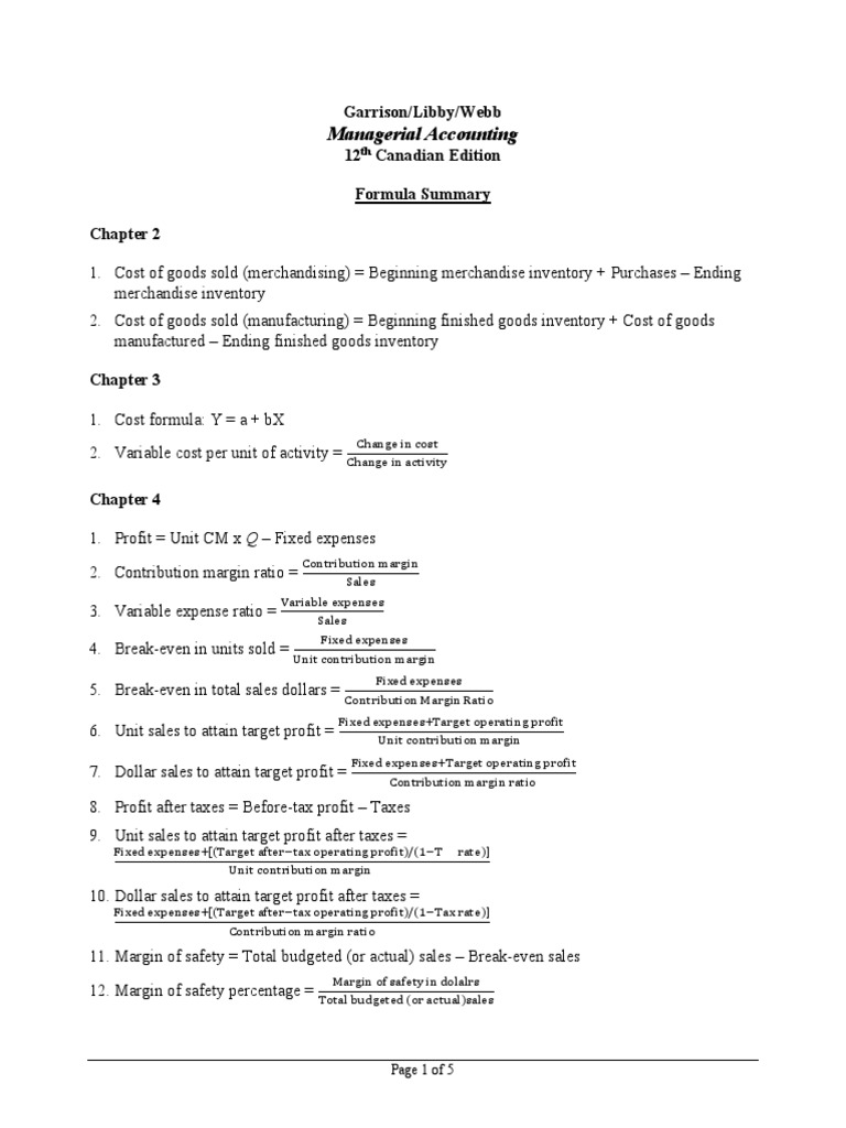 Management Accounting Formula Summary Garrison | PDF | Inventory | Cost ...