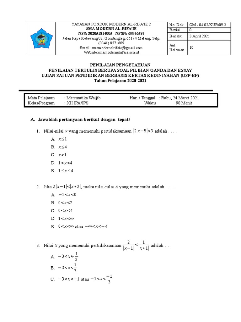 Soal Matematika Wajib Usp 2020-2021 | PDF