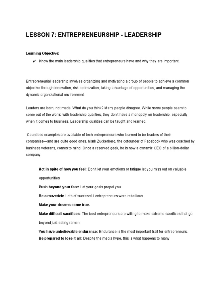 Lesson 7 Entrepreneurship Leadership | PDF | Entrepreneurship | Leadership