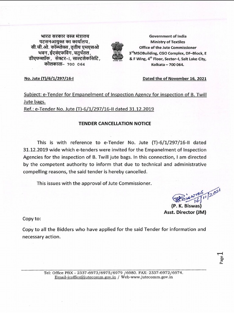 Tender Cancelation Notice (E-Tender For Empanelment of Inspection ...