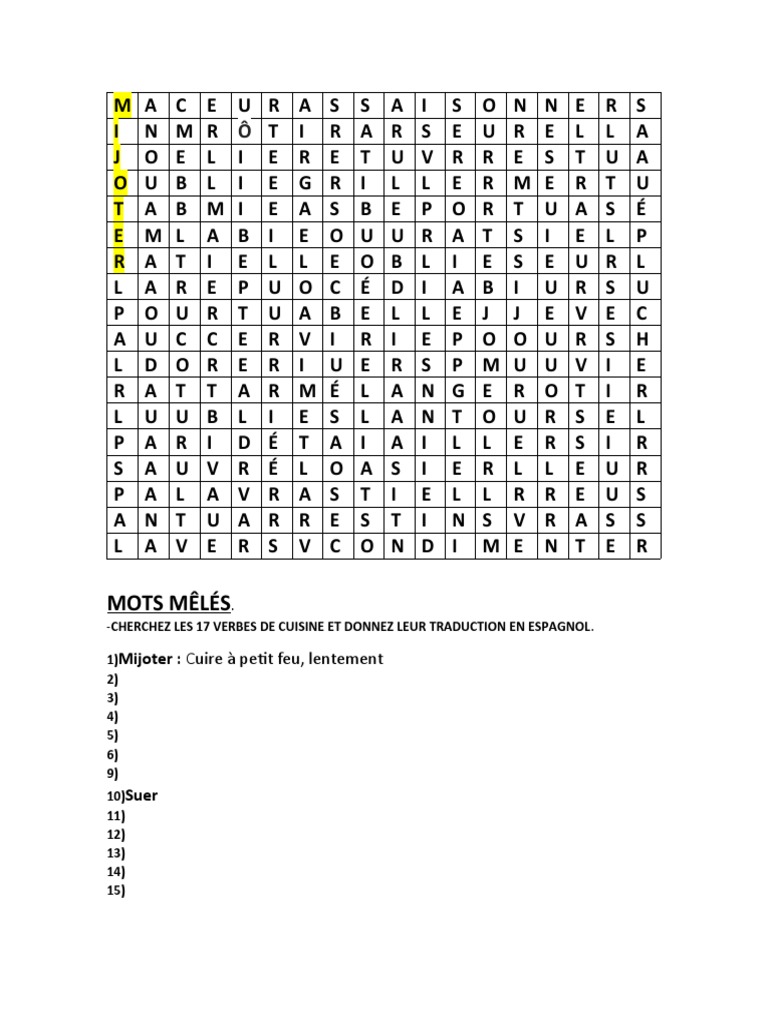 Les Verbes Associés À La Cuisine (Mots Mêlés) | PDF