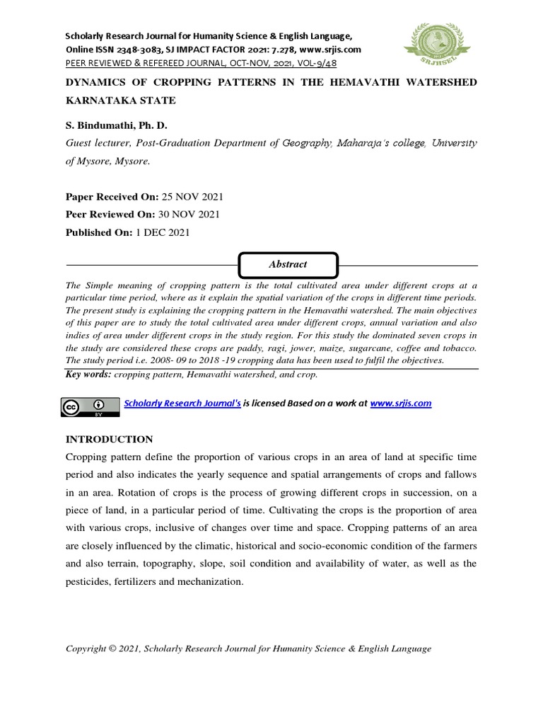 Dynamics of Cropping Patterns in The Hemavathi Watershed Karnataka State | PDF | Agriculture ...