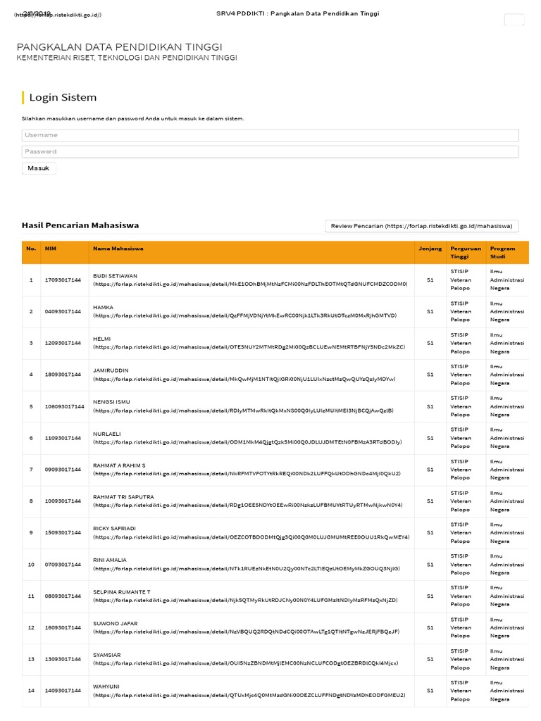 SRV4 PDDIKTI - Pangkalan Data Pendidikan Tinggi - Profil Mahasiswa1 | PDF
