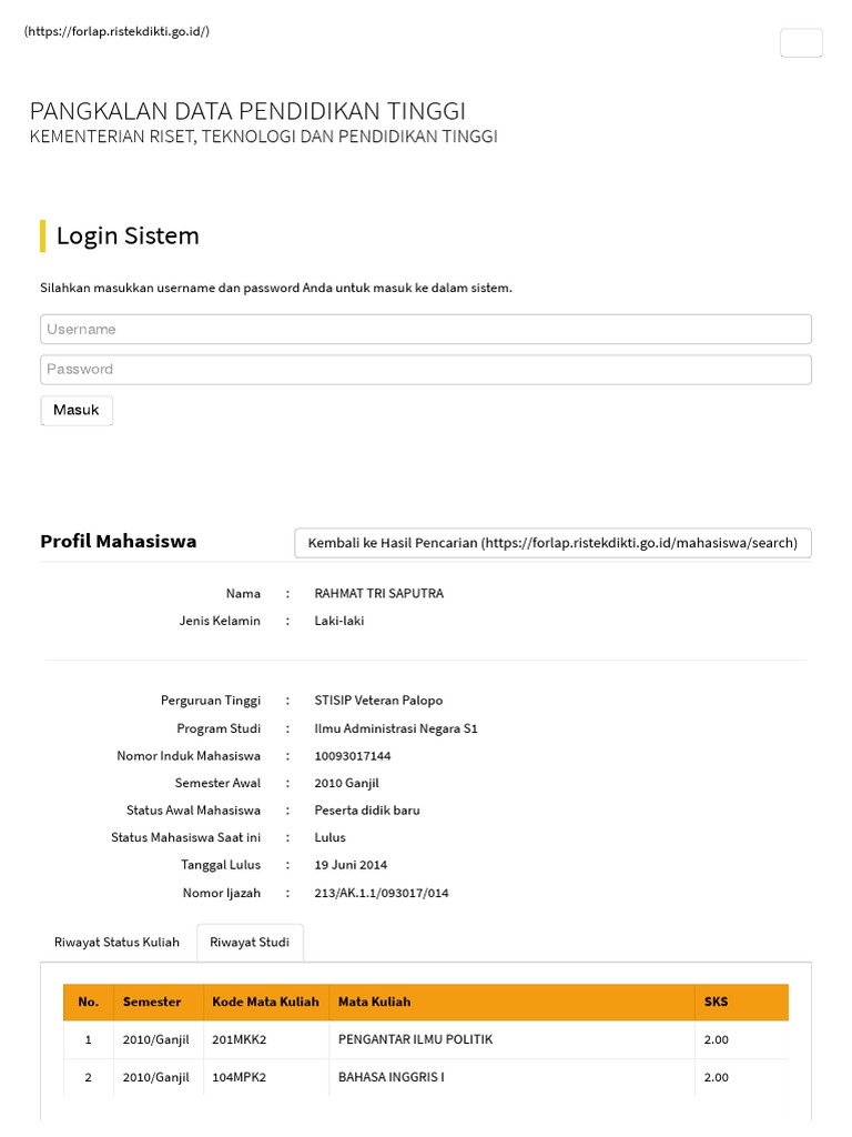 SRV4 PDDIKTI - Pangkalan Data Pendidikan Tinggi - Riwayat Studi | PDF