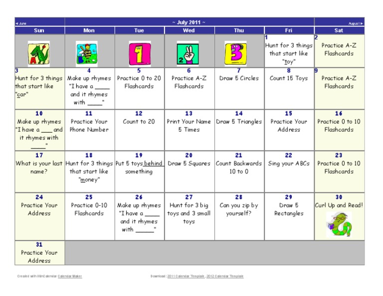Kindergarten Summer Project Calendar | PDF | Elementary Geometry ...