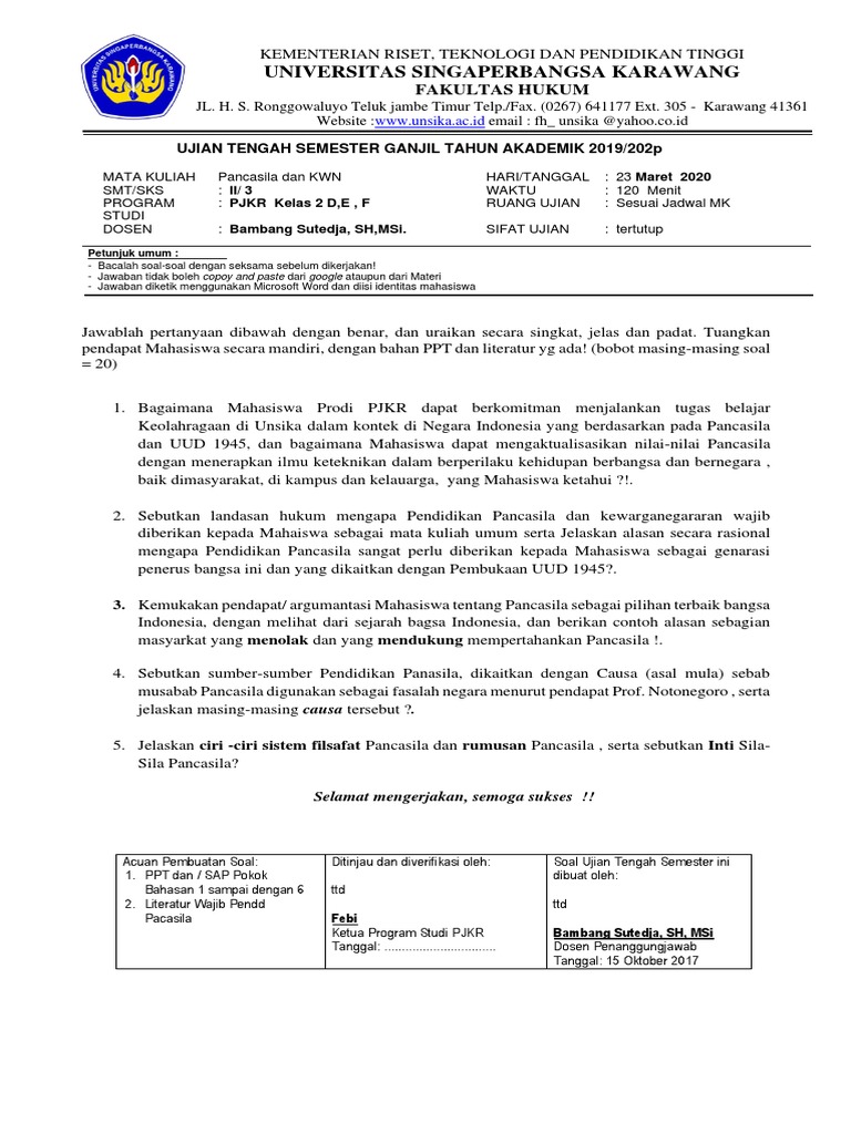 Soal Uts Pancasila Dan KWN Unsika Prodi PJKR Bambang SMT Ganjil T Maret 2019 2020 | PDF