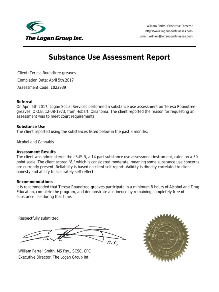 Substance Use Assessment for Teresa Roundtree-greaves | PDF | Career ...