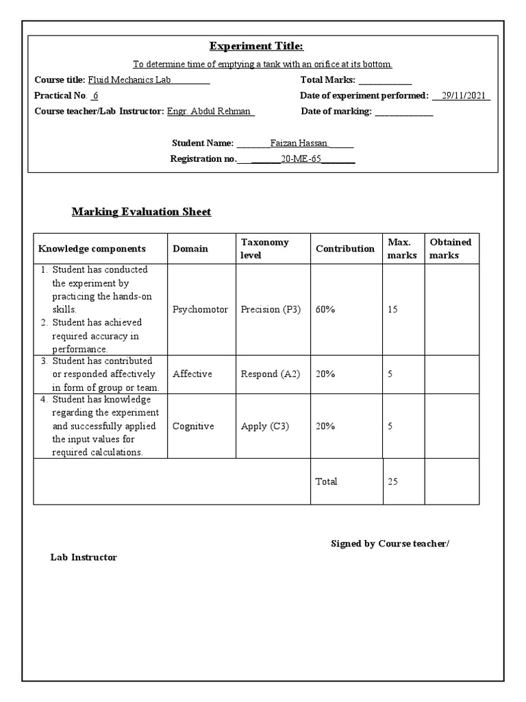 Fluid Mechanics Lab Evaluation Sheet | PDF